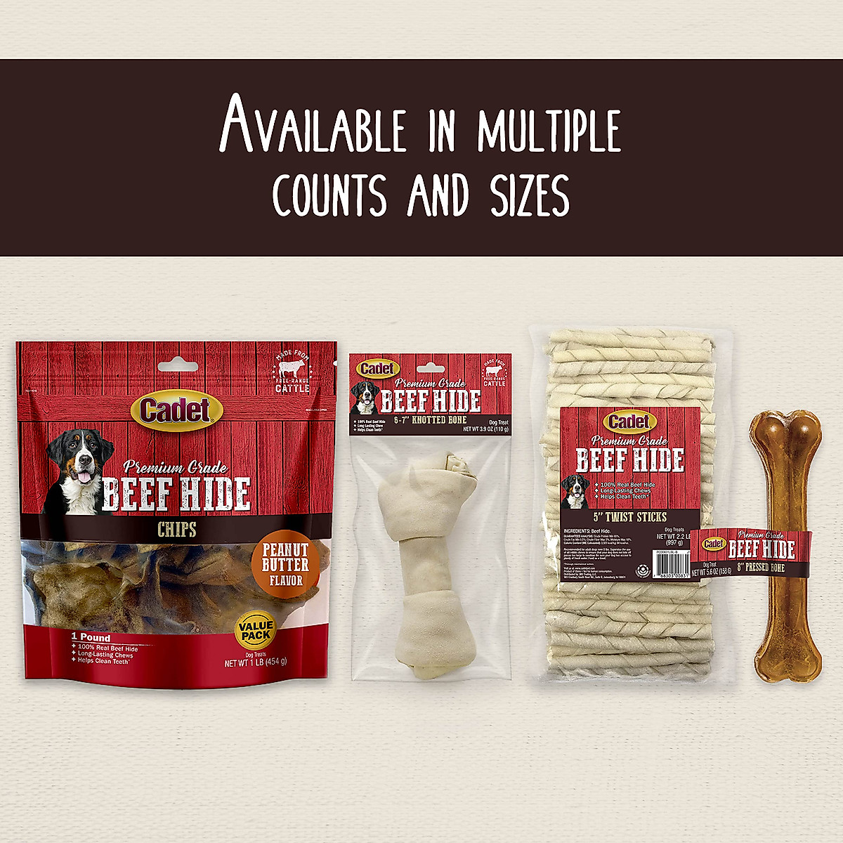 Cadet Premium Grade Beef Hide for Dogs, Long Lasting Rawhide Retriever Rolls, Single Ingredient Dog Chews, Beef Hide Flavor, 10 Inch (4 Count)