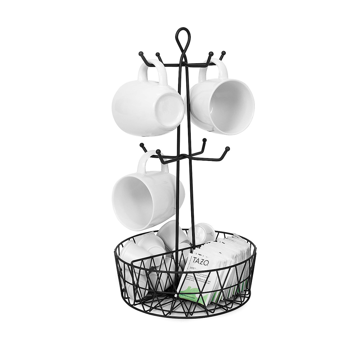 Spectrum Diversified Paxton 8 Holder & Coffee Station Organizer Rustic Twist Designed Coffee Rack & Coffee Accessory Storage, Mug Tree for Kitchens, Offices, Parties & More, Black