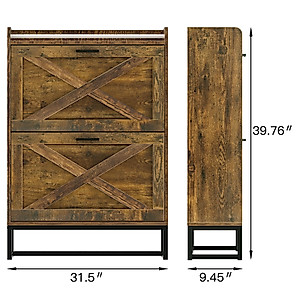 HAIOOU 2 Drawer Industrial Shoe Cabinet, Slim Freestanding Wood Shoe Rack Storage Organizer Stand with Flip Doors, Open Storage Shelf, Anti Toppling for 15-18 Pairs Rustic Brown