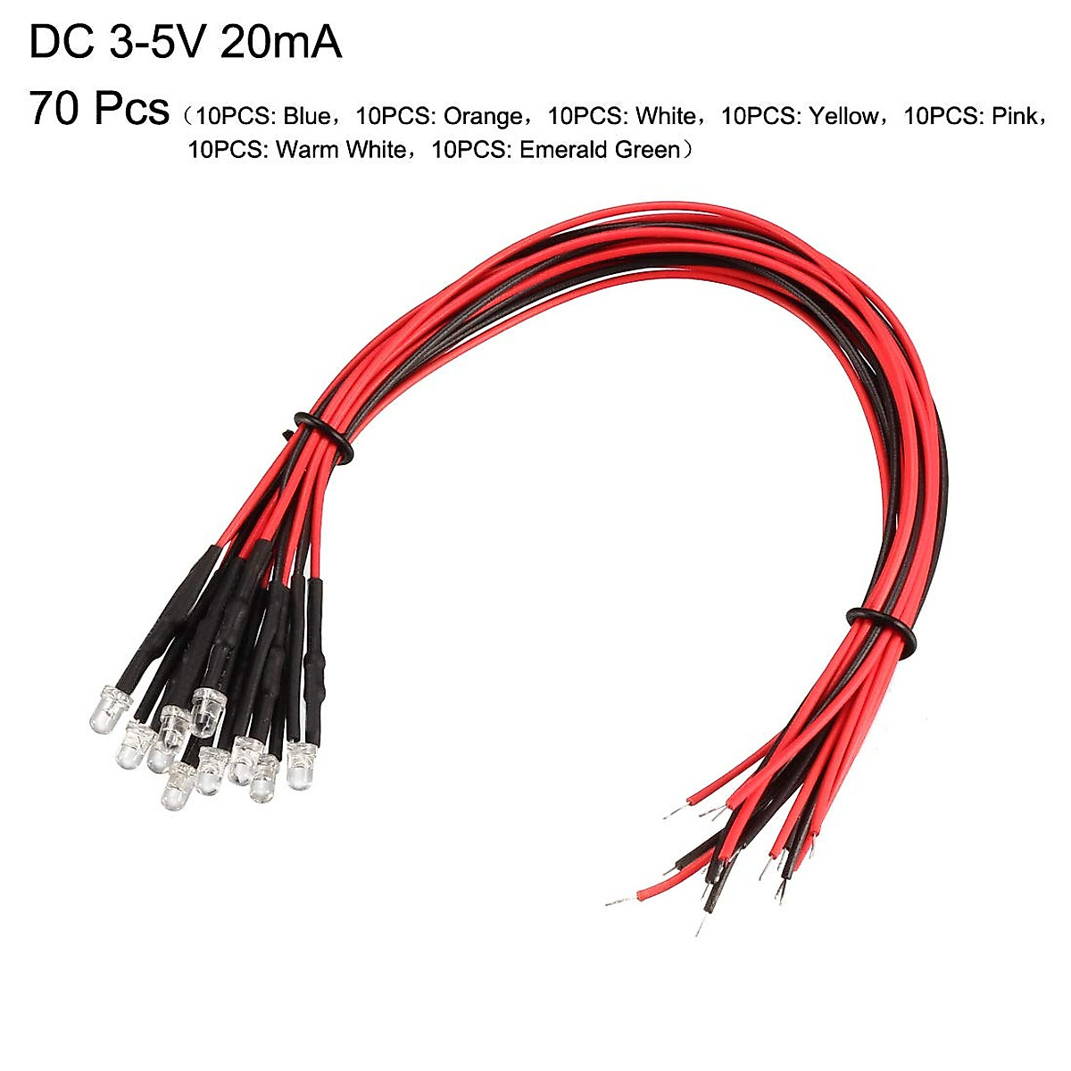 uxcell 70pcs Mixed Colour 3mm LEDs Prewired Light DC3-5V 20cm Pre Wired LED