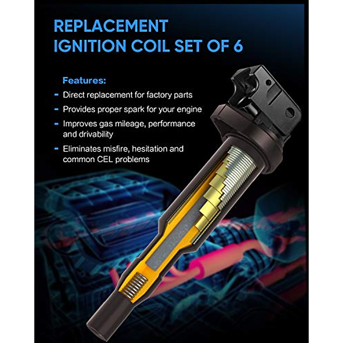 POCYBER Ignition Coils Pack Set of 6 for BMW, Replaces OE# 0221504470 00044 Fits BMW 325i 335i 328i 525i 530i 330i 650i X3 X5 M3 M5 M6 Z3 Z4 Mini More