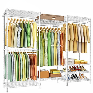 Ulif E13 Heavy Duty Clothes Rack（With 4 Hanger Rods & 8 Shelves） Freestanding Clothing Racks for Hanging Clothes，Adjustable Closet Organizer，Metal Garment Rack 63" W x16 D x77 H，Max Load 900LBS，White