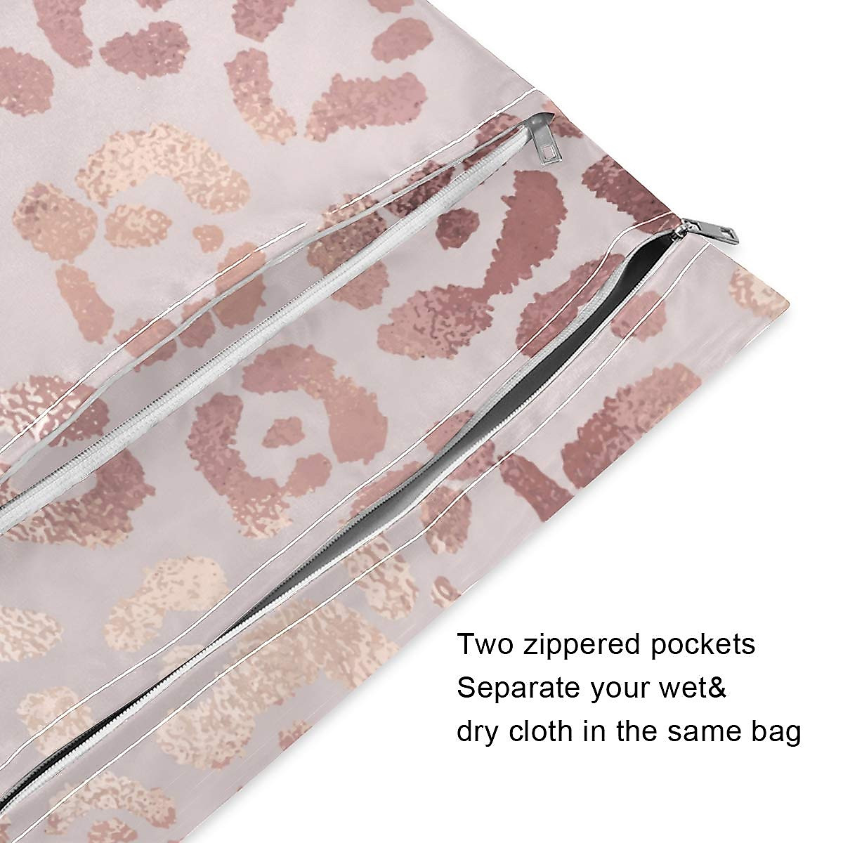 Moudou 2pcs Rose Leopard Wet Dry Bag Waterproof Reusable Baby Cloth Diaper Wet Dry Organizer with Two Zippered Pockets for Travel, Beach, Pool, Stroller, Diapers, Dirty Gym Clothes, Wet Swimsuits