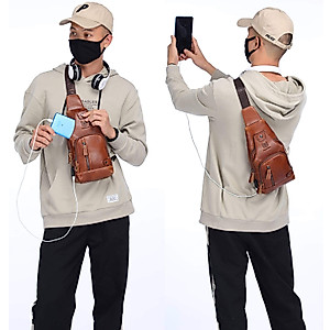 BULLCAPTAIN Leather Sling Bag Mens Chest Bag Casual Shoulder Crossbody Bags Travel Hiking Backpacks Daypack with USB Charging Port (Brown)