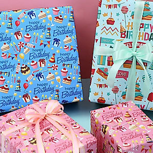 6 Pieces Happy Birthday Wrapping Paper for Kids Boys Girls, Cute Cartoon Design Gift Wrap Paper Sheets, Folded Flat Gift Wrapping Paper 20x 28 inches per Sheet in 3 Different Patterns