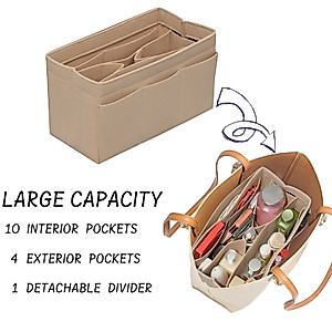 DailyPlus Purse Organizer Insert - Felt Bag Organizer for Tote Purse Bag with 14 Pockets - Beige Medium