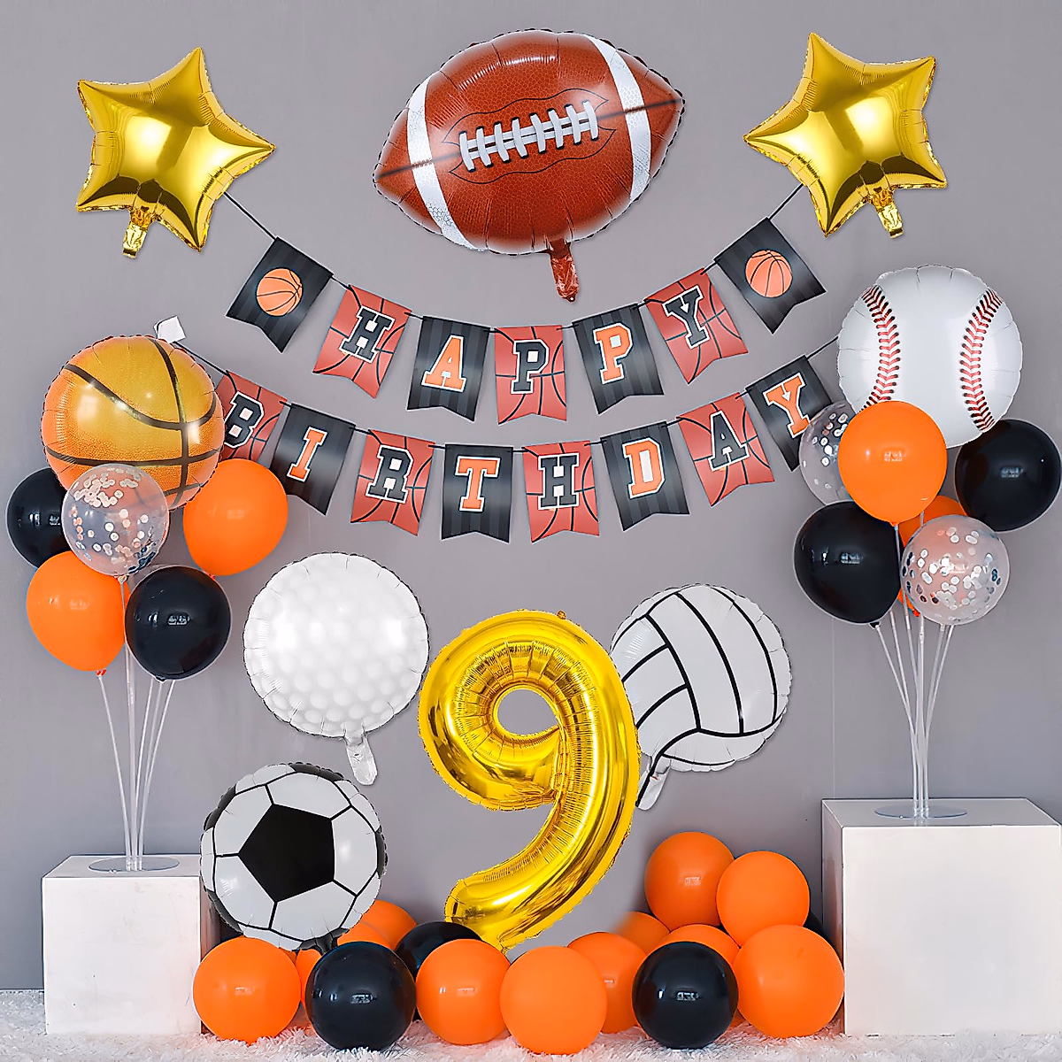 9 Pieces Sports Balloons, Football, Basketball, Baseball, Volleyball, Golf and Soccer Foil Balloon, Sports Birthday Number Mylar Foil Balloon, Sport Theme Birthday Party Supplies Decorations (9th)
