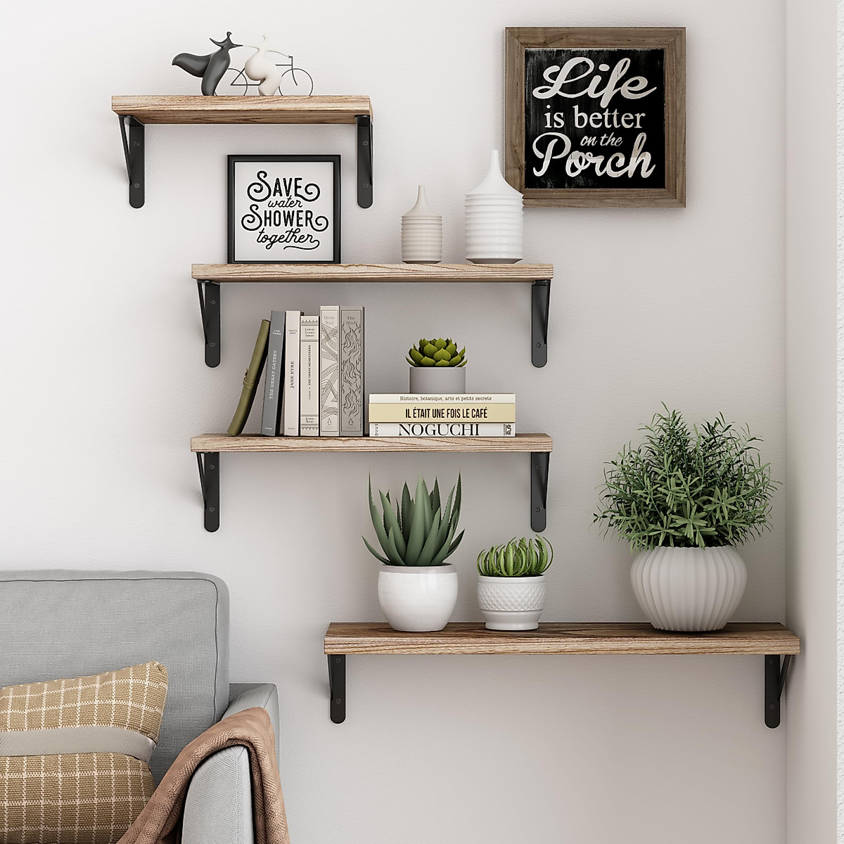YGEOMER Floating Shelves, Rustic Wood Shelves, 4 Sets of Wall Mounted Shelf for Bathroom Decor, Bedroom, Living Room and Plants (Carbonized Black)