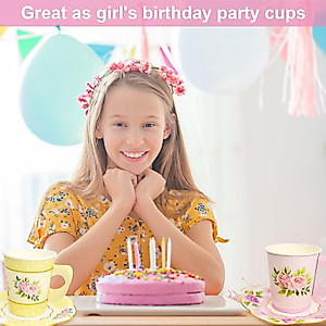 ceiba tree Floral Paper Disposable Tea Cups with Handle and Saucers Tea Party Decorations Favors 24 Sets for Girls Women Flower Birthday Baby Shower Wedding Party Supplies