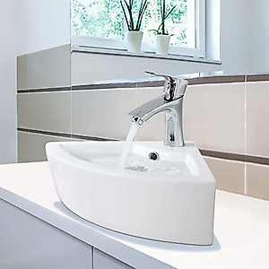 Wall Mount Small Corner Bathroom Sink and Faucet Combo with Overflow Triangle White Porcelain Ceramic Wall Hung Mini Vanity Space Bathroom sink, Faucet and Drain Combo