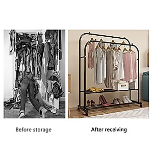 GGQQ Clothes Garment Rack with Shelves,Metal Double Rod Clothes Hanger Rack,Rolling Garment Rack for Hanging Clothes,Stand Clothes Drying Rack with Wheels(41”,White).