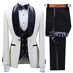 Men Suit 3 Pieces Jacquard Floral Shawl Collar Paisley Tuxedo Solid Suit Wedding Prom Suit-42,Burgundy