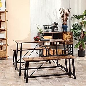 HOMCOM Industrial 3-Piece Dining Table Set, Rectangular Kitchen Table and Chairs for 4 People, Space-Saving Dinner Table with Two Benches, Rustic Brown