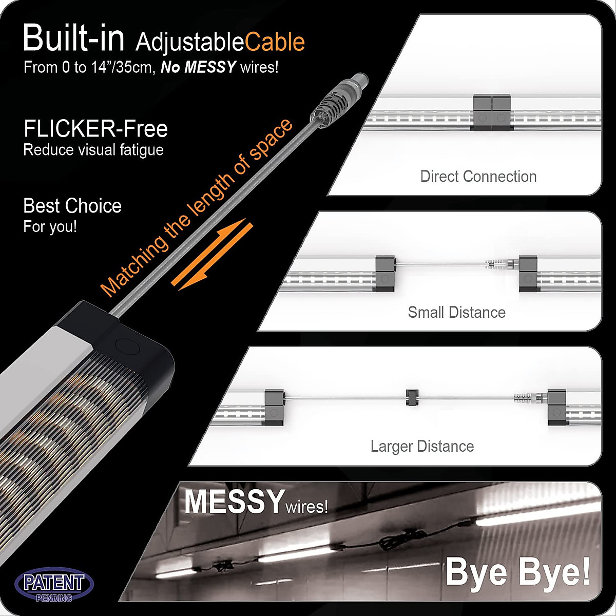 EBD Under Cabinet Lighting Built-in Adjustable Cable, No Messy! Dimmable Counter Lights Memory Function 3 Panel LED Kitchen Lighting Bar 9W 750Lm 3000K Warm White USB Under Cupboard Lighting