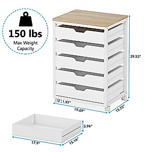 Tribesigns 5 Drawer Chest, Wood Storage Dresser Cabinet with Wheels, Industrial Storage Drawer Organizer Cart for Office Bedroom Entryway (White, 1 PC)