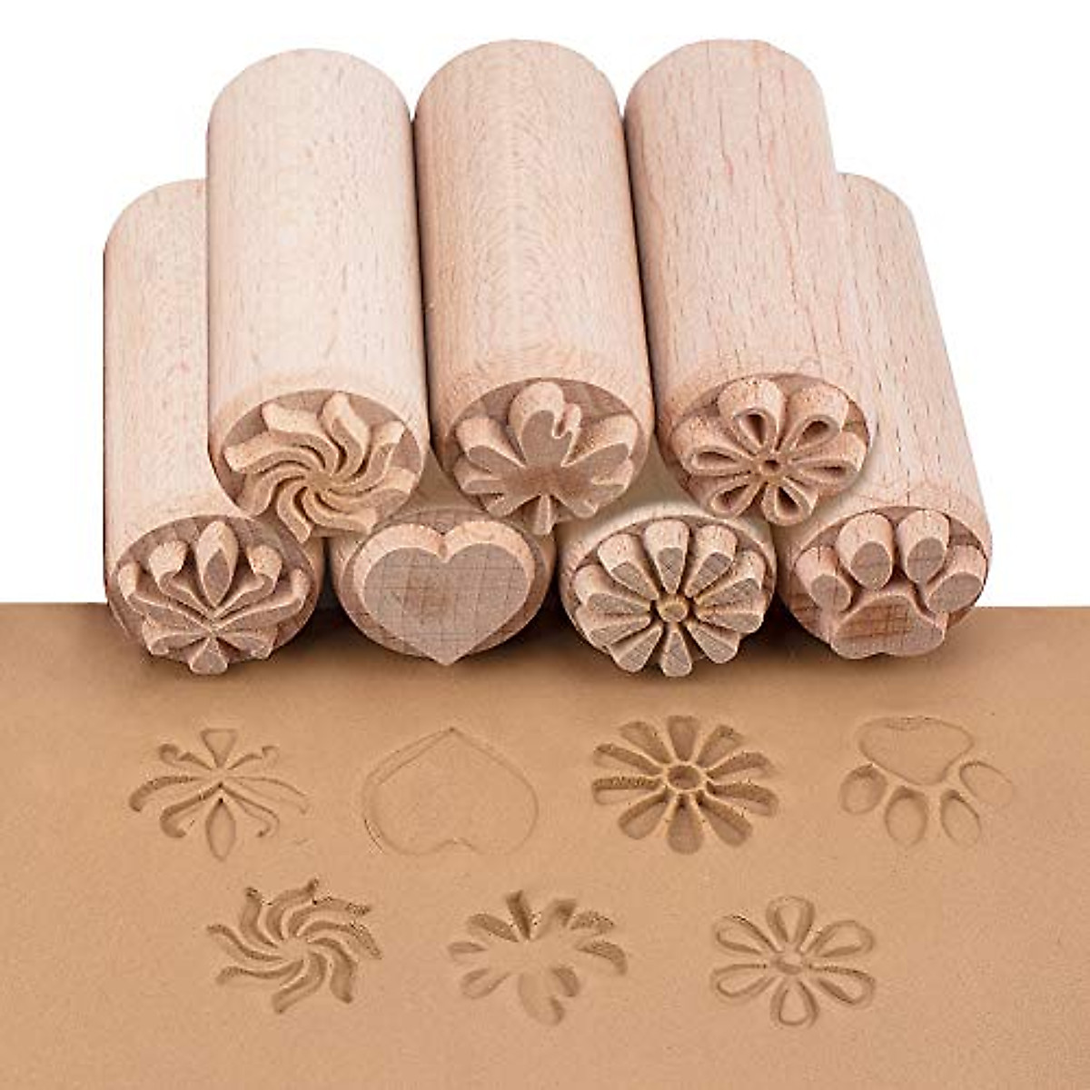 OLYCRAFT 7PCS 2x0.8 Inch Wood Pottery Tools Stamps Clay Stamps Column Wooden Stamps Natural Wood Stamps with Mixed Patterns Round Pottery Stamps Wooden Pottery Stamp for Clay and Ceramic