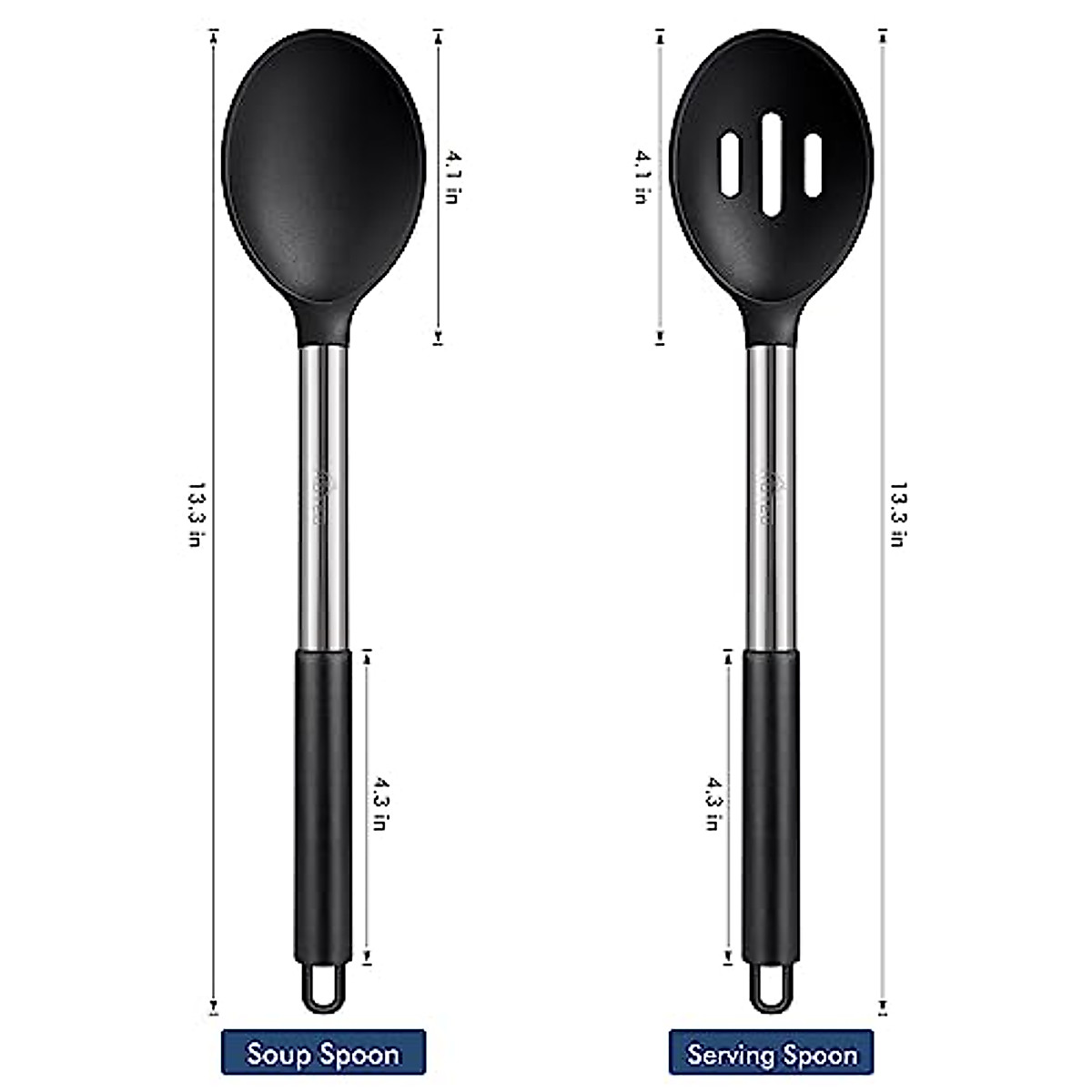 HOTEC Heat Resistant Large Silicone Cooking Spoon, Solid Slotted Spoons, Nonstick Kitchen Cookware Utensils, Mixing, Serving, Stiring Large Spoons, Black