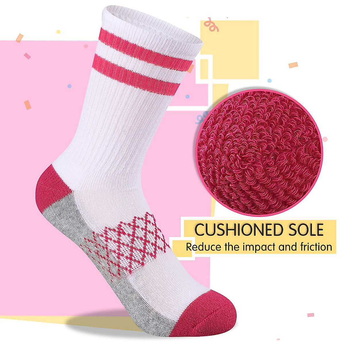 Comfoex Girls Crew Socks Athletic Half Cushioned Long Socks Cotton Calf Socks For Kids 6 Pairs