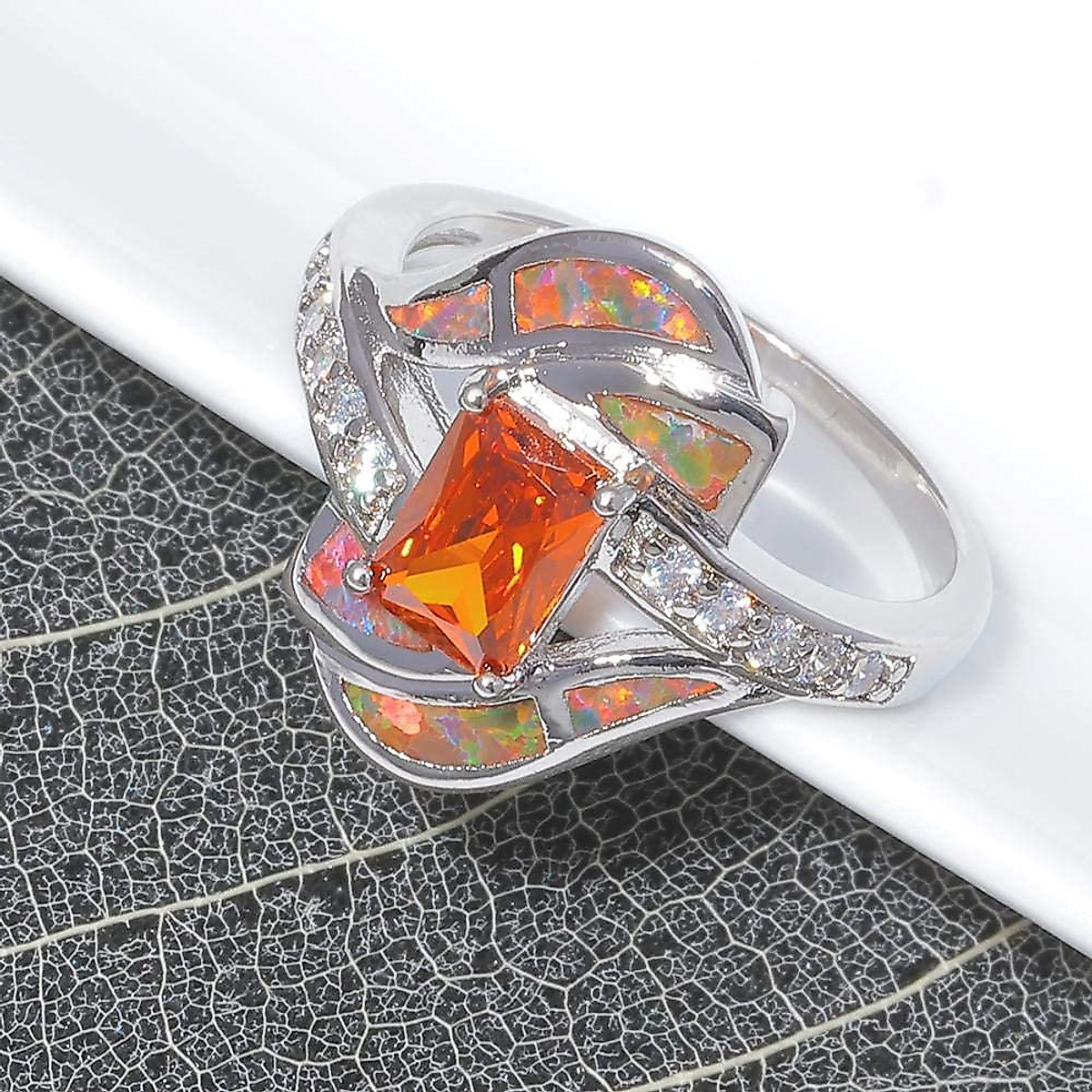 CiNily Orange Opal Rings for Women White Gold Plated Zircon Created Garnet Birthstone Women's Ring Size 8