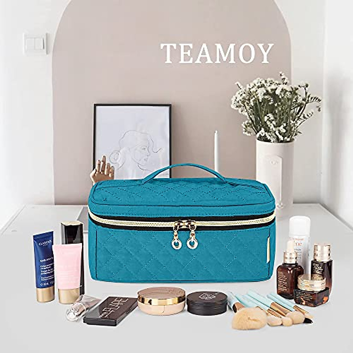 Teamoy Travel Makeup Brush Case, Makeup Train Organizer Bag with Handle for Makeup Brushes(up to 9-inch) and Essentials, Medium, Teal(BAG ONLY)
