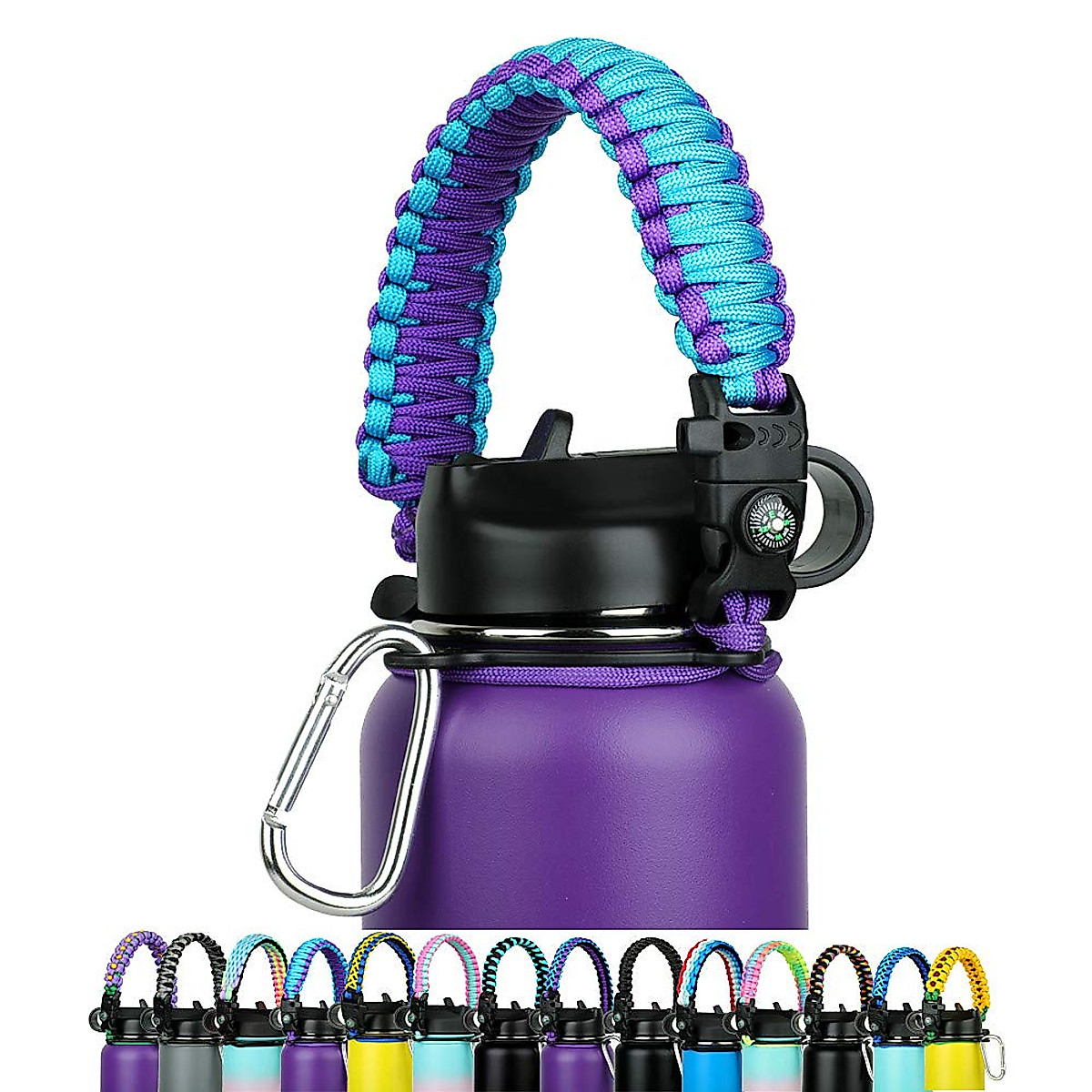 Paracord Handle - Fits Wide Mouth Bottles 12oz to 64oz - Durable Carrier, Paracord Carrier Strap Cord with Safety Ring,Compass and Carabiner - Ideal Water Bottle Handle Strap (Purple Blue Wide)