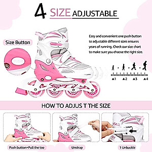 JeeFree 4 Size Adjustable Inline Skate for Kids,Children's Inline Skates with Light Up Wheel,Outdoor Illuminating Roller Blades Skates for Girls,Boys and Beginners