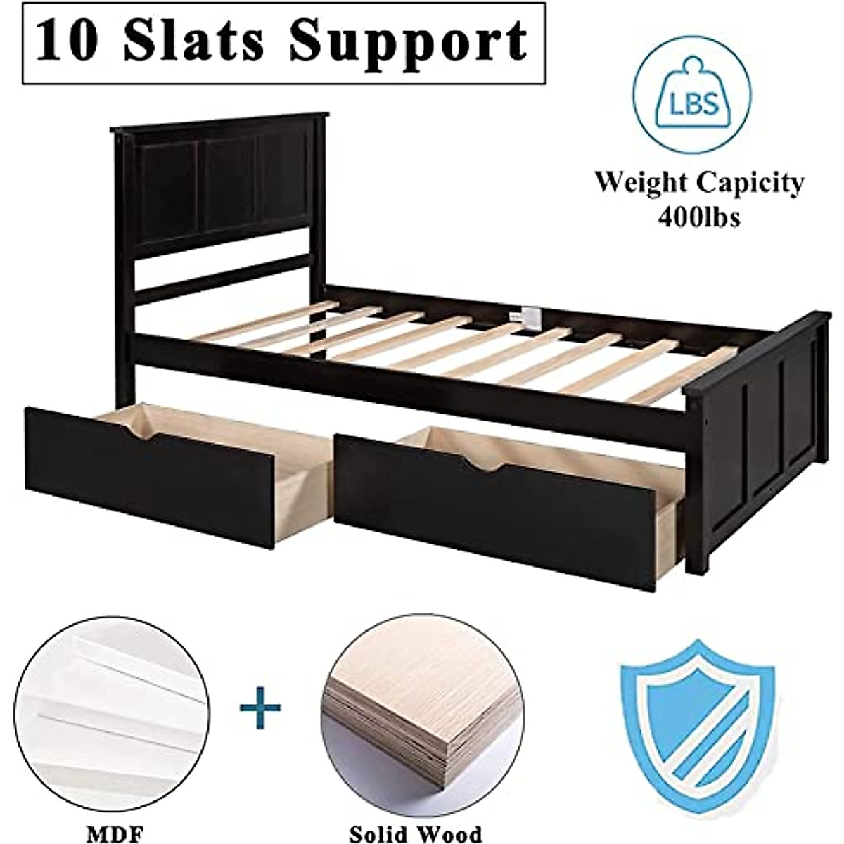 Twin Bed Frame with Drawers , Kids Twin Bed Frame, Wood Twin Platform Bed with Headboard , Twin Storage Bed ,No Box Spring Needed ,Espresso
