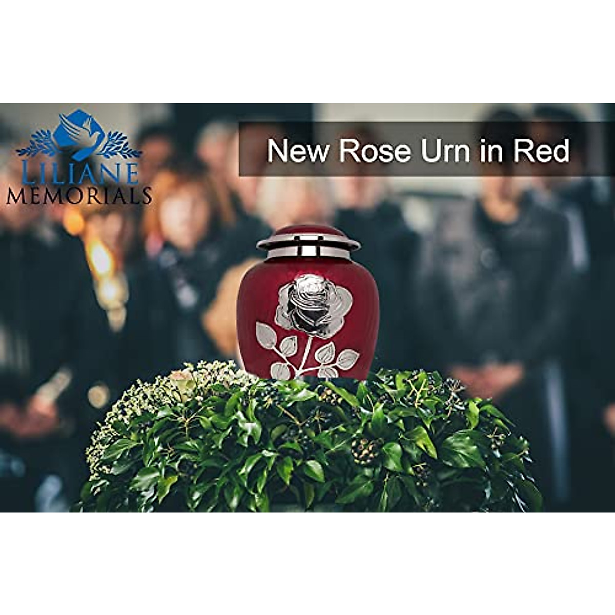 Silver Rose Cremation Urn - Funeral Urn with Large Flower on Red Enamel - Burial Urn for Human Ashes Adult Size - 100% Brass