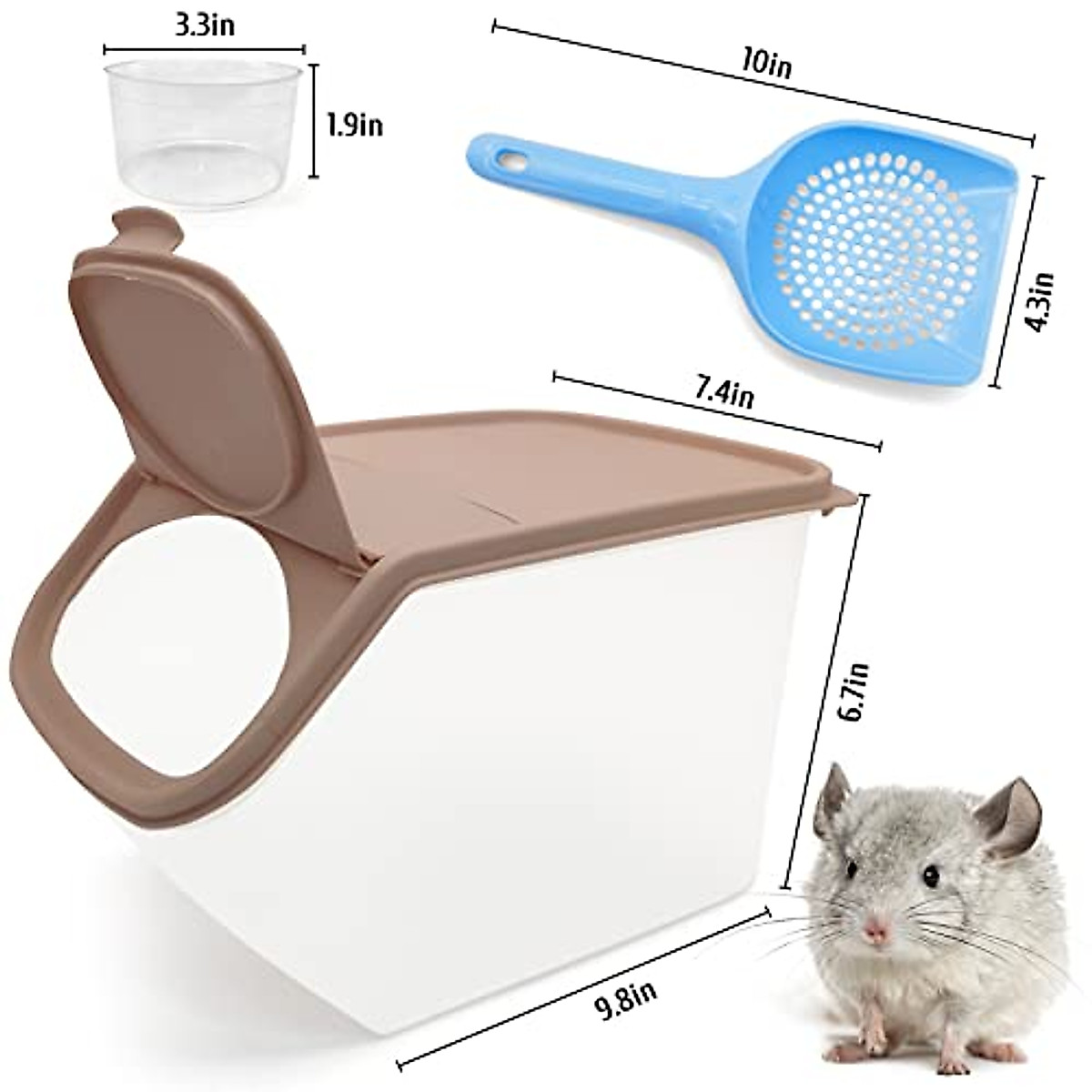 BNOSDM Chinchilla Sand Bath Container Chinchilla Dust Bath Tub Transparent Hamster Toilet Shower Room Plastic Hamster Bathroom Kit with Sand Cup&Scoop for Gerbil Hedgehog Squirrel (Coffee)
