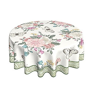 Round Tablecloth 60 Inch, Spring Floral Butterfly Green White Table Cloth for Rustic Farmhouse Kitchen Decor, Waterproof Wipeable Polyester Fabric Table Cover for Holiday Party Outdoor Camping Picnic