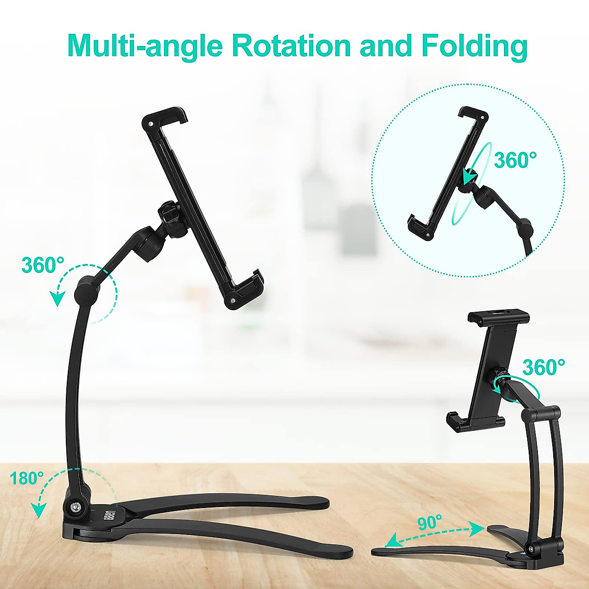 Bben iPad Wall Mount,360° Rotating Kitchen iPad Stand, iPad Under Cabinet Mount, Tablet Wall Mount for iPad Pro, Kitchen Tablet Holder for iPad Mini 5, iPad Air 4, Other 5-12” Devices, Black