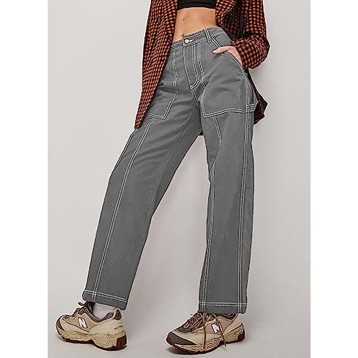 EVALESS Cargo Pants Women Baggy Casual High Waist Wide Leg Pants Fashion 2023 Y2K Street Contrast Stitching 5 Pockets Combat Military Trousers Gray US 6