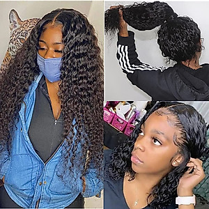 HD Lace Front Wig Human Hair Deep Wave Wigs For Black Women 180% Density 13x4 Water Curly Lace Frontal Wigs Glueless Human Hair Pre plucked with Baby Hair Brazilian Wet n Wavy Lace Closure Wig 28inch