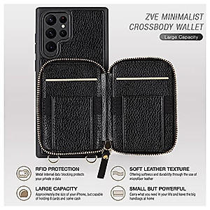 ZVE for Samsung Galaxy S23 Ultra Wallet Case Crossbody, Zipper Phone Case Purse with RFID Blocking Card Holder Wrist Strap Handbag Cover for Samsung S23 Ultra, 6.8",2023-Black