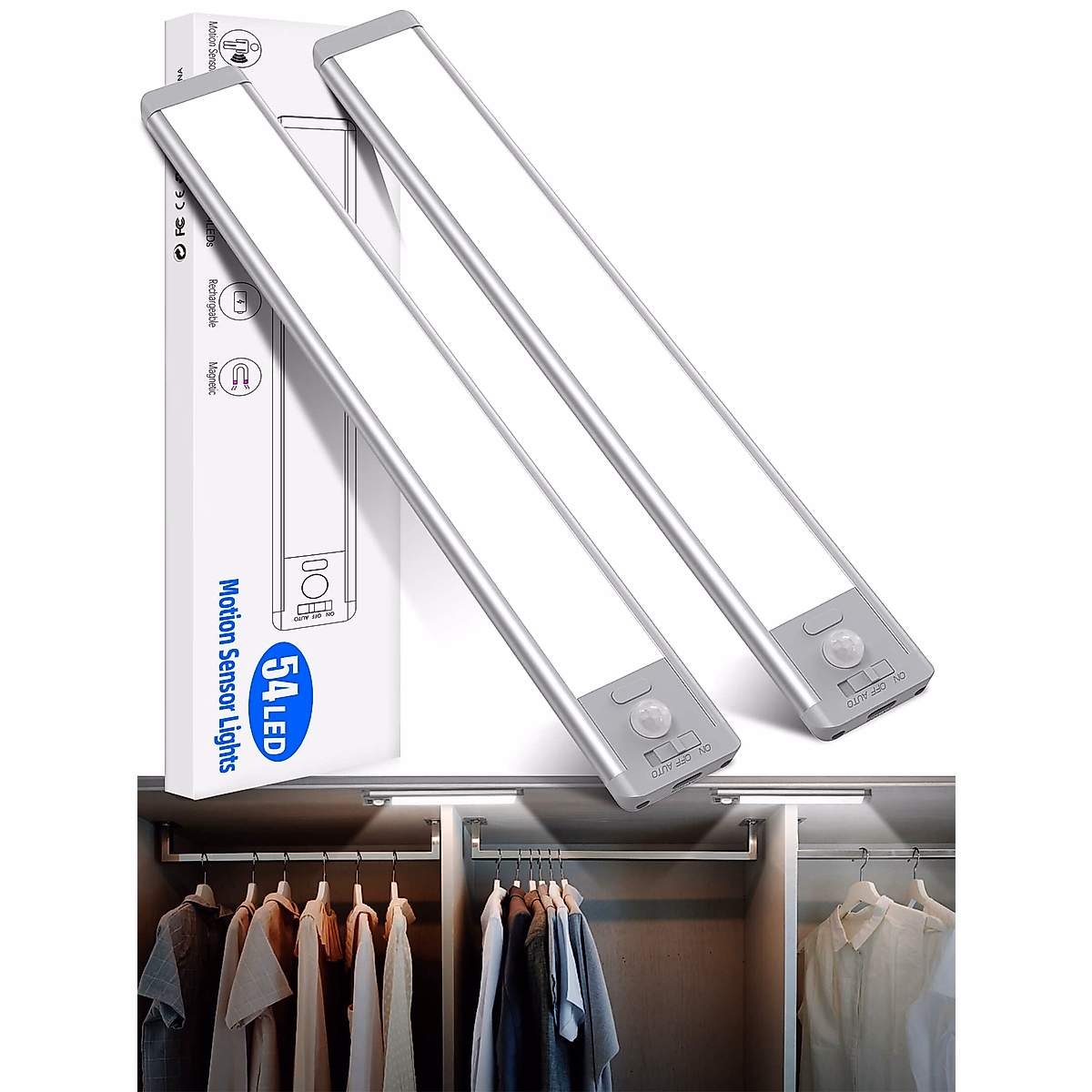54-LED Under Cabinet Lights Wireless - Motion Sensor LED Kitchen Closet Counter Lighting with 1500mAh Rechargeable Battery & Magnetic Mount, Ideal Night Lights for Bedroom Babyroom Armoire Stair -2Pcs