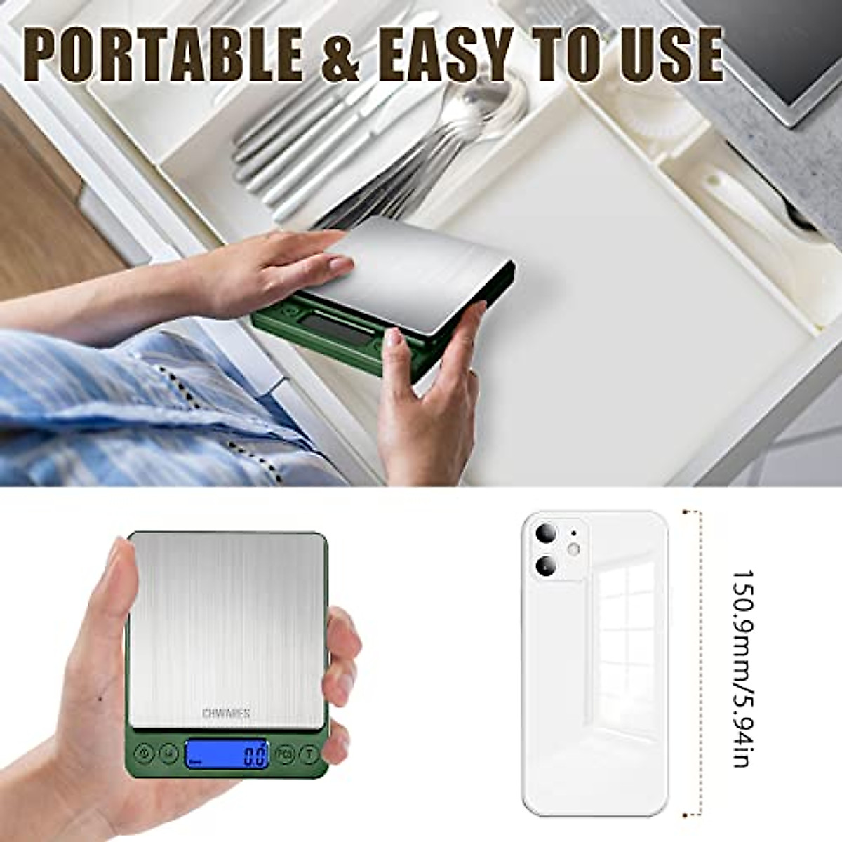 CHWARES Food Scale, Kitchen Scale with Trays 3000g/0.1g, Small Scale with Tare Function Digital Scale Grams and Ounces for Weight Loss, Dieting, Baking, Cooking, Meal Prep, Coffee, Green