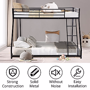 Twin Over Full Size Bunk Bed, Heavy Duty Metal Bunk Bed Frame with Inclined Ladder, Low Floor Bunk Bed for Teens Adults Dorm Bedroom Guest Room, Space Saving & Noise Free, No Box Spring Needed, Black