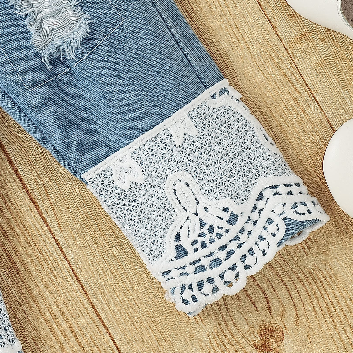 Tikoubabe Baby Girl Clothes Toddler Outfit Infant White Lace Romper Long Sleeve + Jeans Pants Clothing Set 3-6 Months 70cm