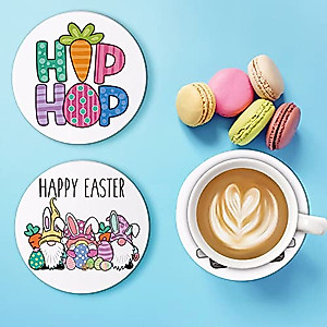 Whaline 4Pcs Easter Ceramic Coaster Set Bunny Gnome Egg Carrot Prints Drink Coasters Cartoon Style Absorbent Coasters for Easter Egg Hunt Home Decor Table Protection Housewarming Gifts