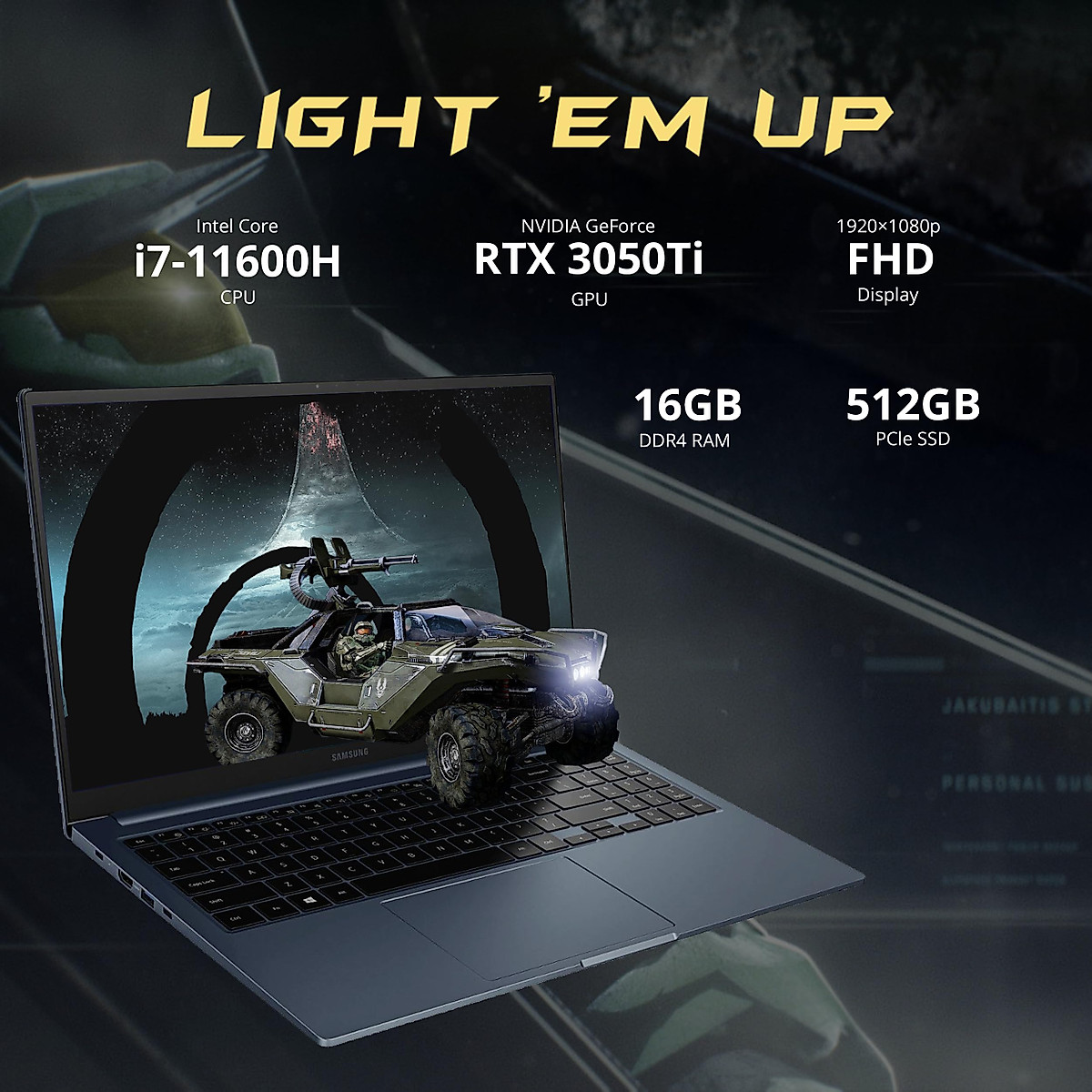 SAMSUNG Galaxy Book Odyssey 15.6" FHD Laptop, Intel Core i7-11600H, 16GB RAM, 512GB PCIe SSD, NVIDIA GeForce RTX 3050 Ti, 720P HD Webcam, Mystic Black, Win 11 Pro, 32GB Hotface USB Card