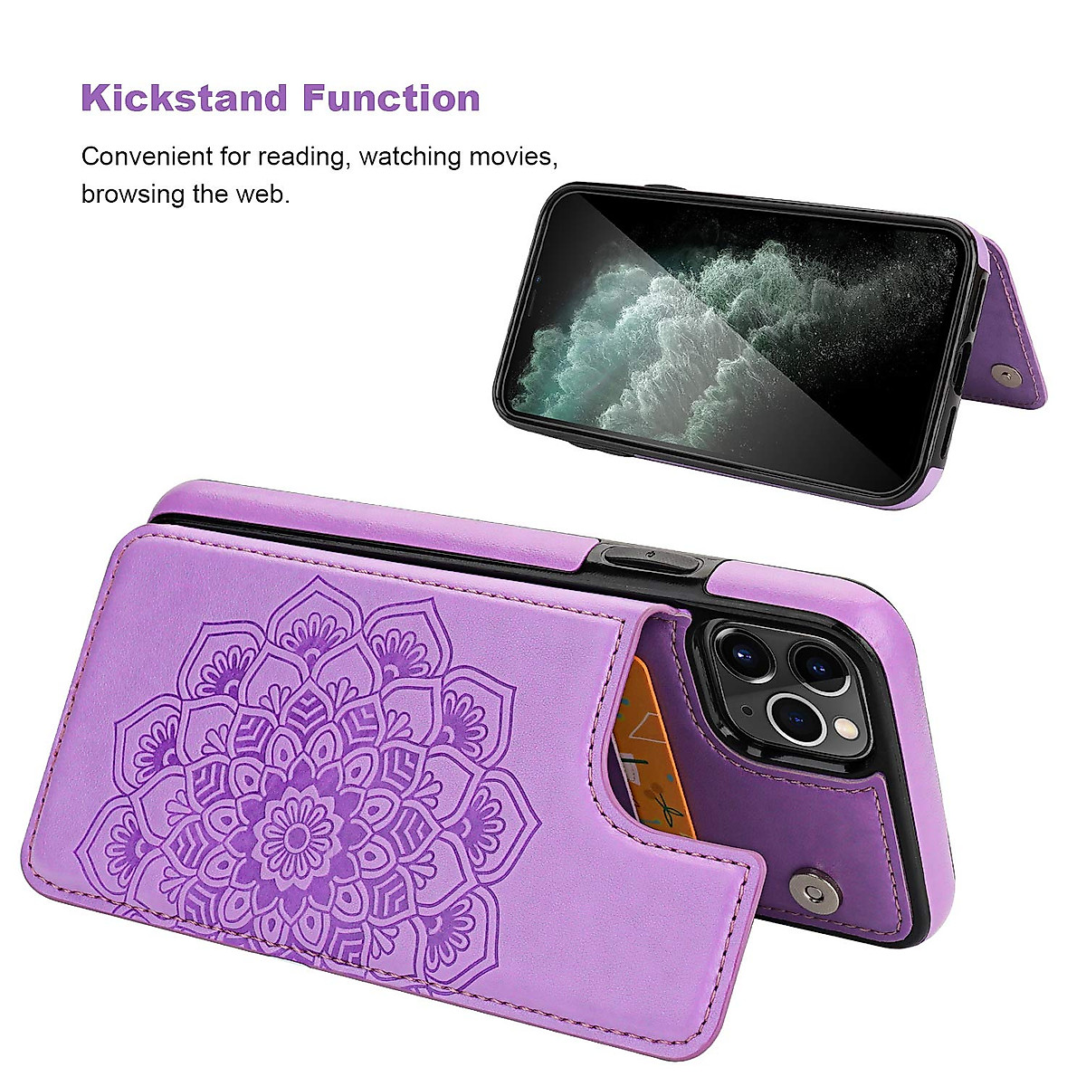 Vaburs for iPhone 11 Pro Max Case Wallet with Card Holder, Embossed Mandala Pattern Premium PU Leather Double Magnetic Buttons Flip Shockproof Protective Cover for iPhone 11 Pro Max 6.5 Inch(Purple)