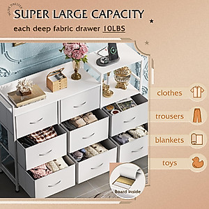 WLIVE White Dresser TV Stand for Bedroom with Charging Station and Open Shelves, Fabric Dresser with 8 Drawers and Wood Top, Wide Storage Chest of Drawers for Living Room, Hallway