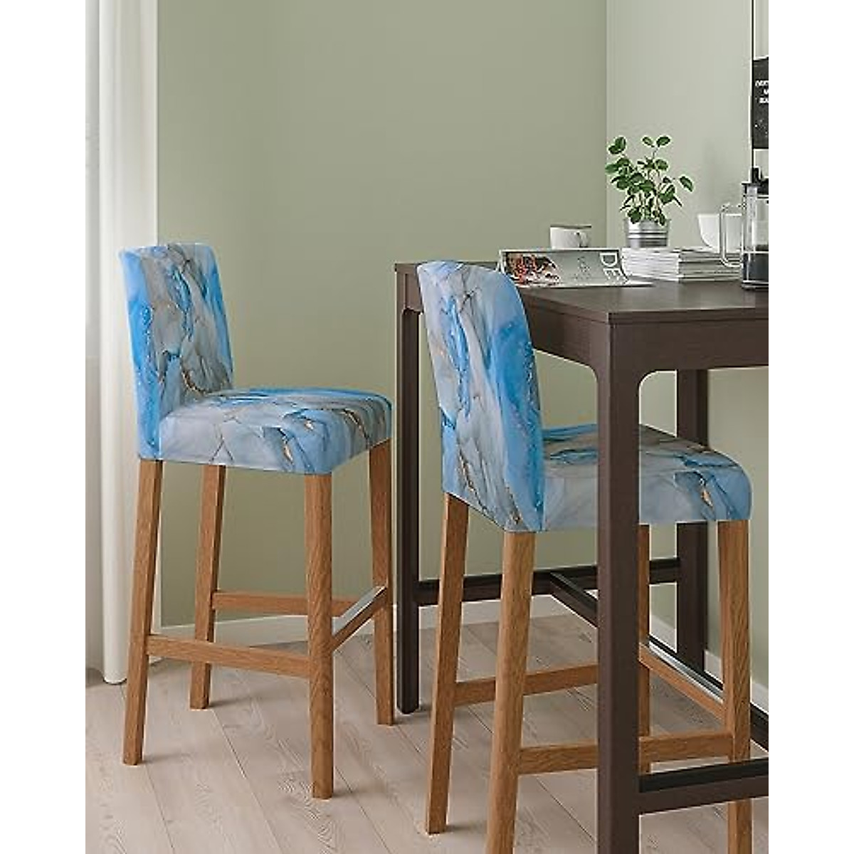 Bar Stool Covers Set of 6 Stretch Chair Covers Washable Removable Chair Slipcover Reusable Armless Dining Room Chair Covers for Kitchen Short Back Chair,Watercolor Marble Gold Edge Texture Blue Gray
