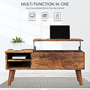 naspaluro Wood Lift Top Coffee Table with Larger Hidden Compartment and Adjustable Storage Shelf, Lift Tabletop Dining Table for Home Living Room, Office, Rustic Oak