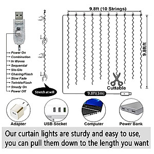 Eueasy 300 LED Curtain Lights, 9.8ft x 9.8ft Fairy Lights with 8 Modes, String Hanging Lights, Remote Control, Perfect for Indoor/Outdoor Christmas, Wedding, Party Wall Decorations (Warm White)