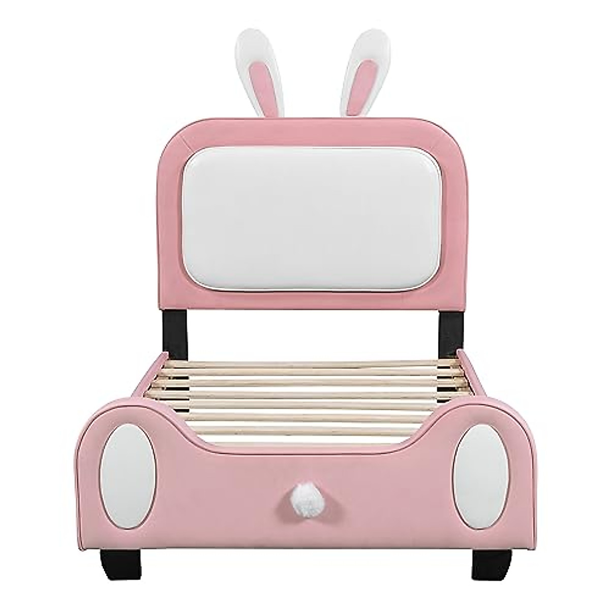 CJLMN Upholstered Rabbit Shaped Princess Bed Pink Platform Bed, Twin Size Wood Bed Frame with Bunny Ears Headboard and Bunny Tail Footboard, Kids Bedroom Furniture Fun Cute Rabbit Bed