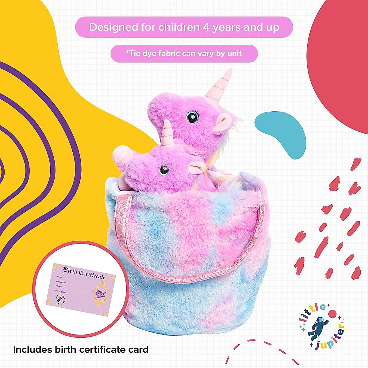Mommy & Baby Unicorn Gift for Girls 4 - 5 - 6 - 7 yrs - Stuffed Animal Set w/ 2 Purple Plush Toys - Rainbow Purse Bag, Doll Pillow, Blanket, & Birth Certificate Plushies for Birthday (Purple Tie Dye)