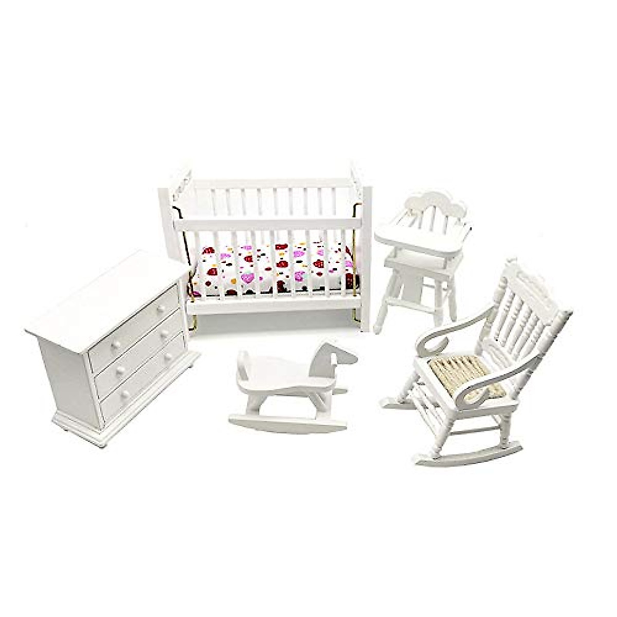 White Wooden Nursery Bedroom (5pcs) 1:12 Scale Dollhouse Furniture,Non-Toxic Paint