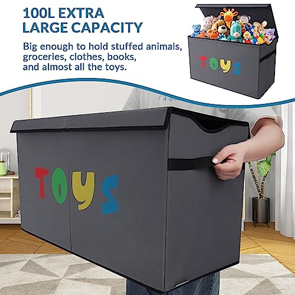 VICTORICH Toy Box Chest for Boys Girls, Collapsible Kids Toy Organizers Storage Bins Extra Large Toy Baskets with Lid & Handles for Clothes, Blanket, Nursery, Playroom, Bedroom, Stuffed Animals, DarkGrey