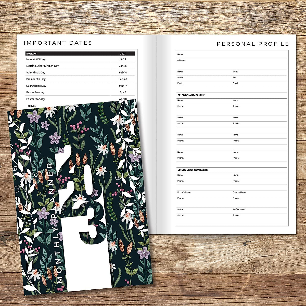 GRC 2023 Monthly Planner, January - December, Floral Calendar & Organizer, 7" x 10", Saddle Stitch Bound